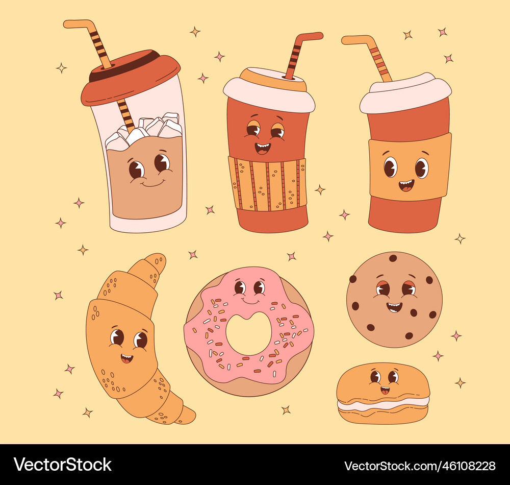 Set cute cartoon characters coffee and cookie Vector Image