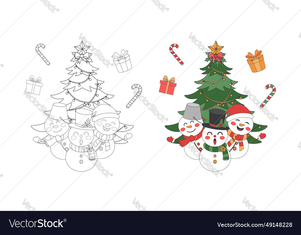 Snowman with christmas tree and gift Royalty Free Vector