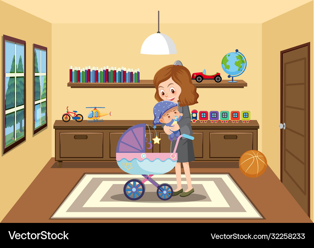 Mother takes her baby from stroller Royalty Free Vector