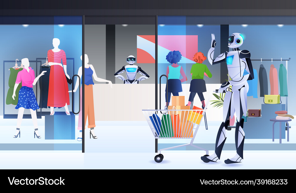 Robot with trolley cart walking purchases Vector Image