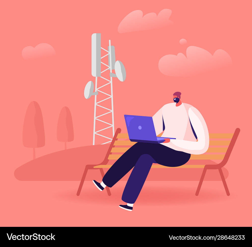 Young man sitting on bench with laptop in hands Vector Image