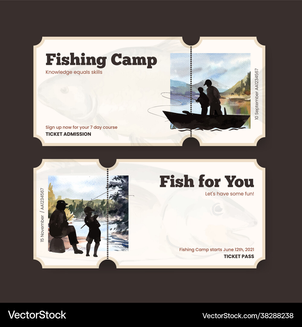 Ticket template with fishing camp Royalty Free Vector Image
