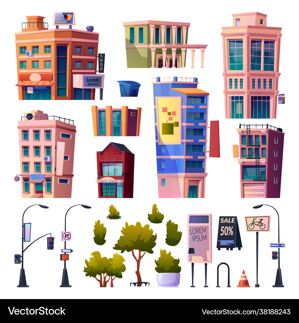 Big megapolis city town buildings elements set Vector Image