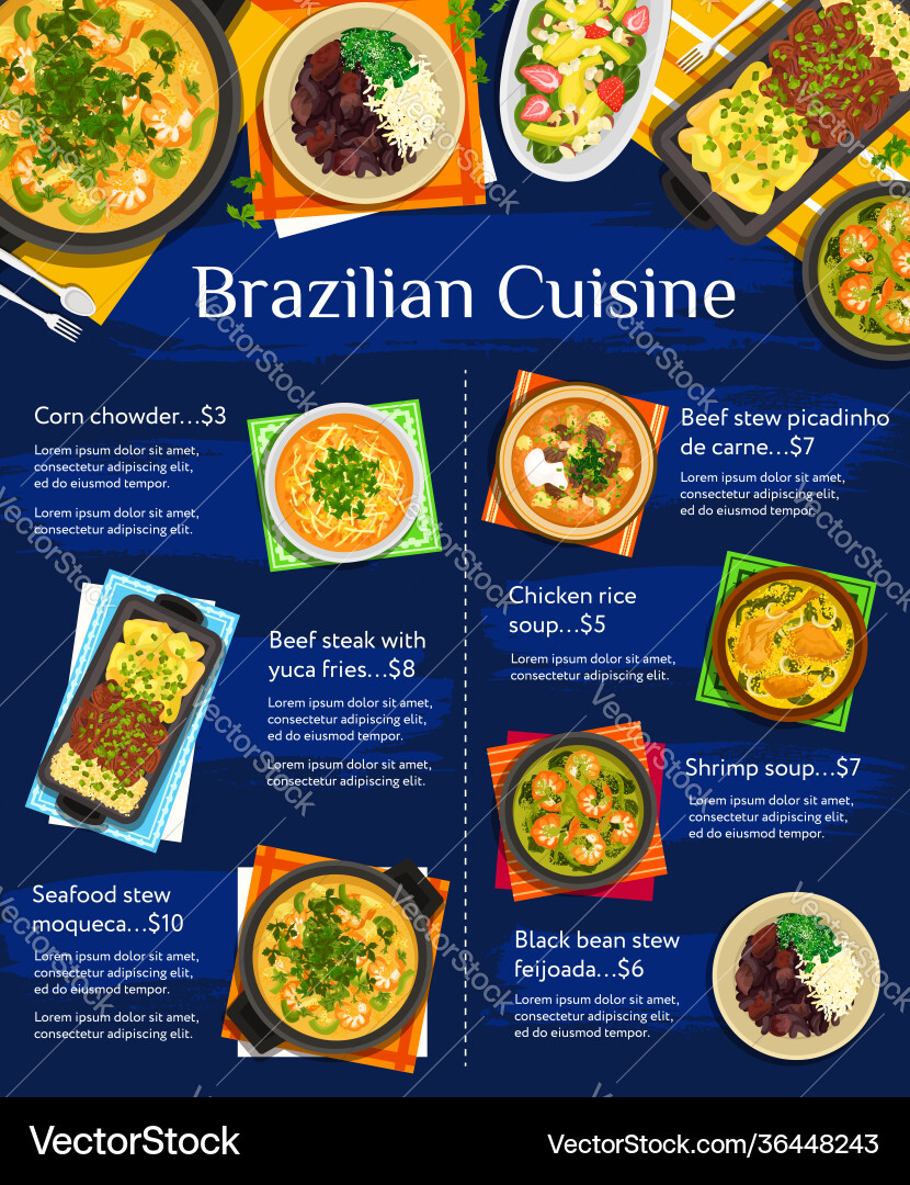 Brazilian cuisine menu template meals Royalty Free Vector