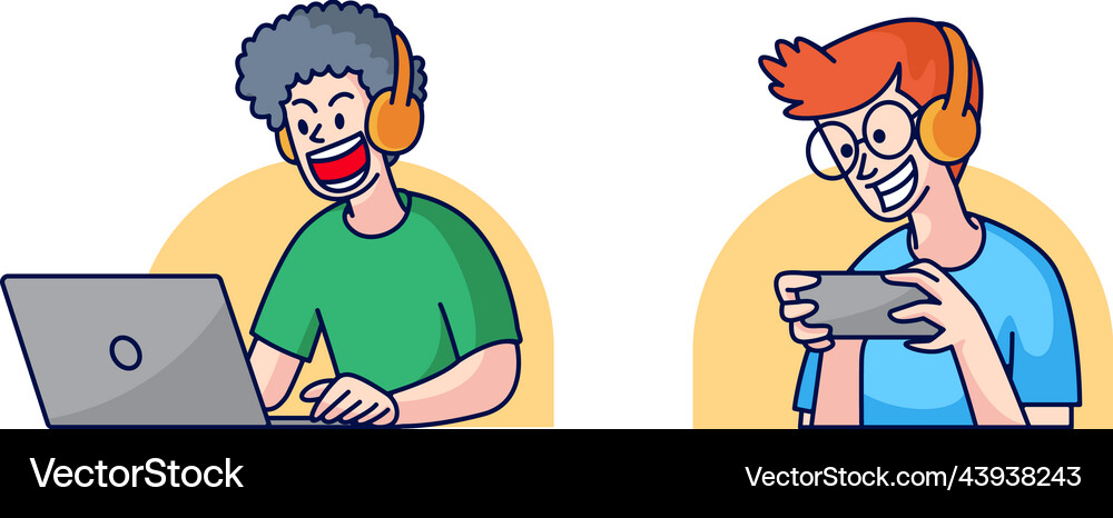 Men playing game on smartphone and laptop Vector Image