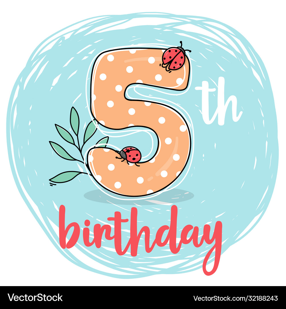 Number with ladybugs for fifth birthday Royalty Free Vector