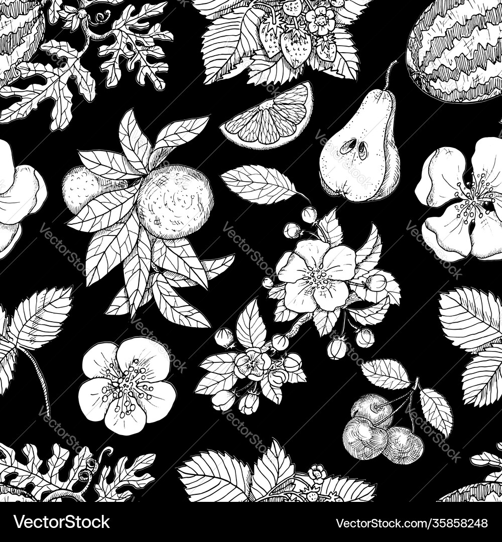 Seamless pattern with fruits and flowers Vector Image