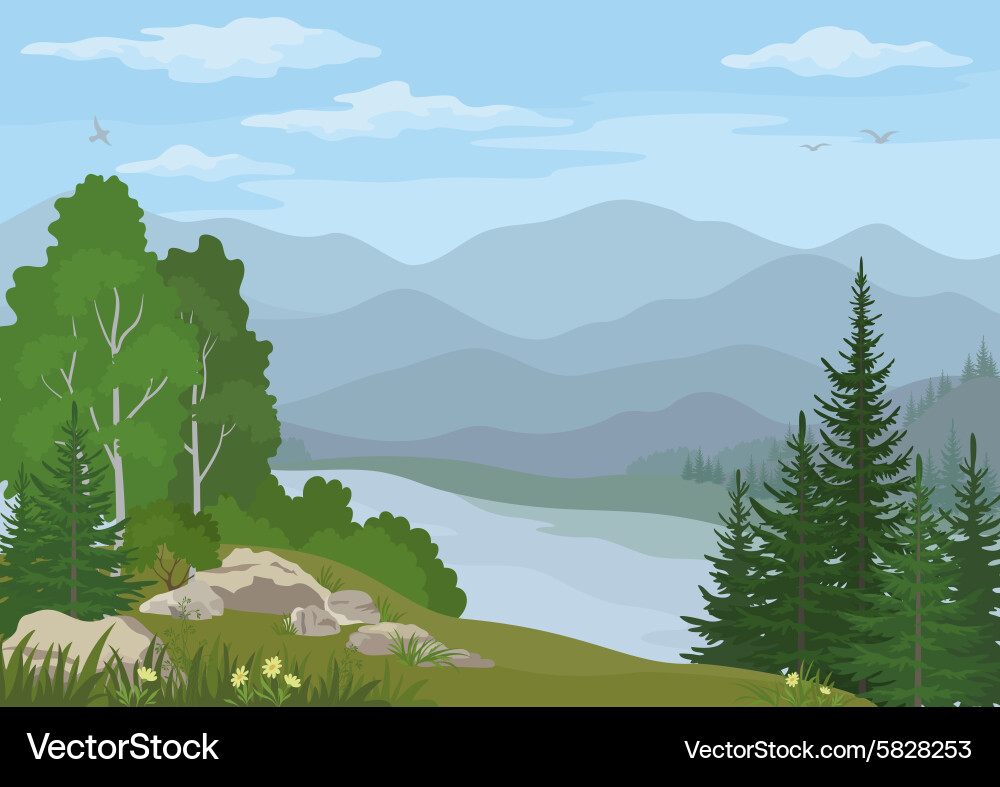 Landscape with Trees and Mountain Lake Royalty Free Vector
