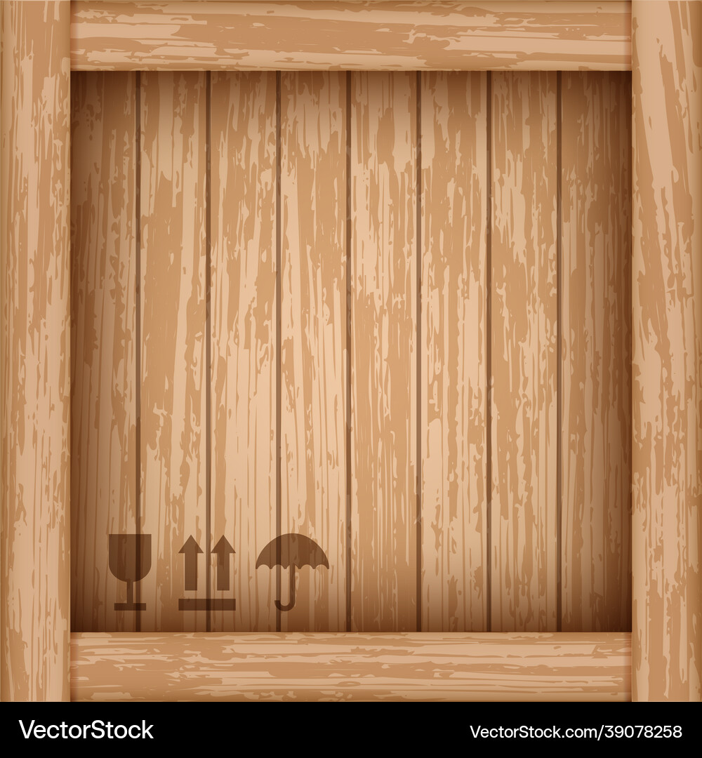 Realistic wooden container with packaging symbols Vector Image