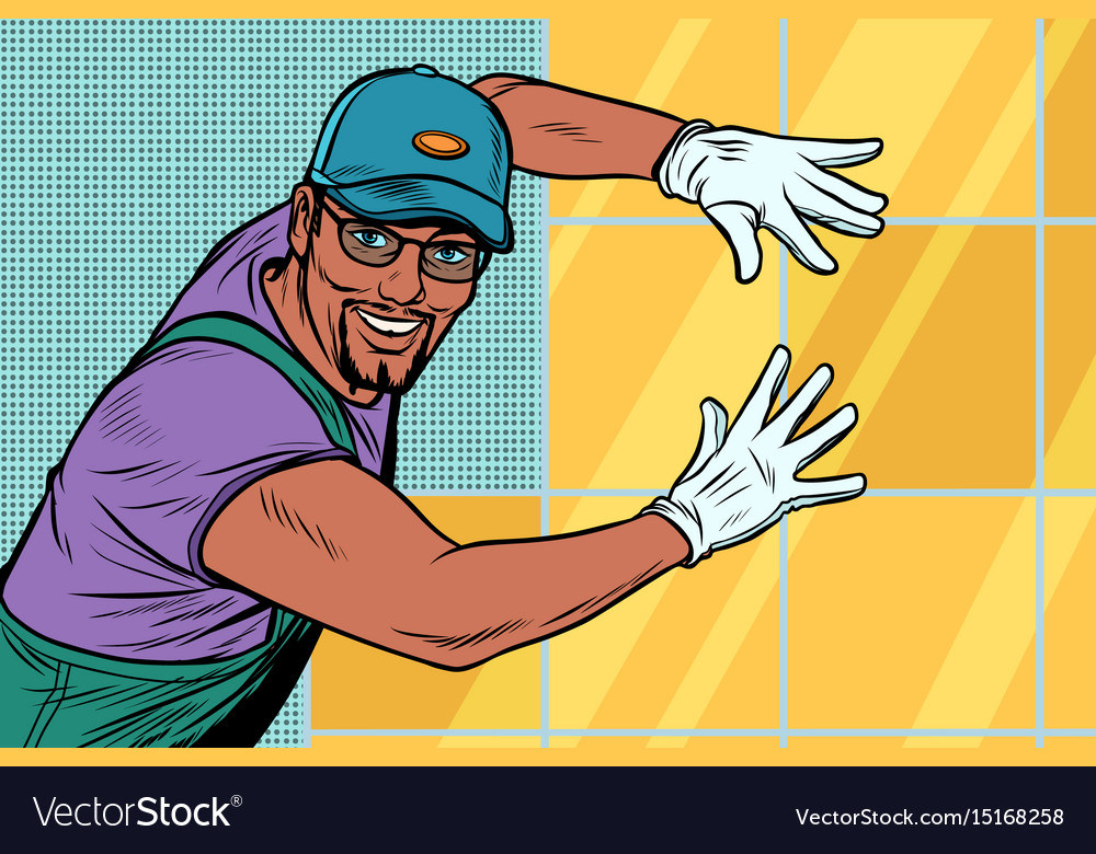 Worker builder puts tile Royalty Free Vector Image