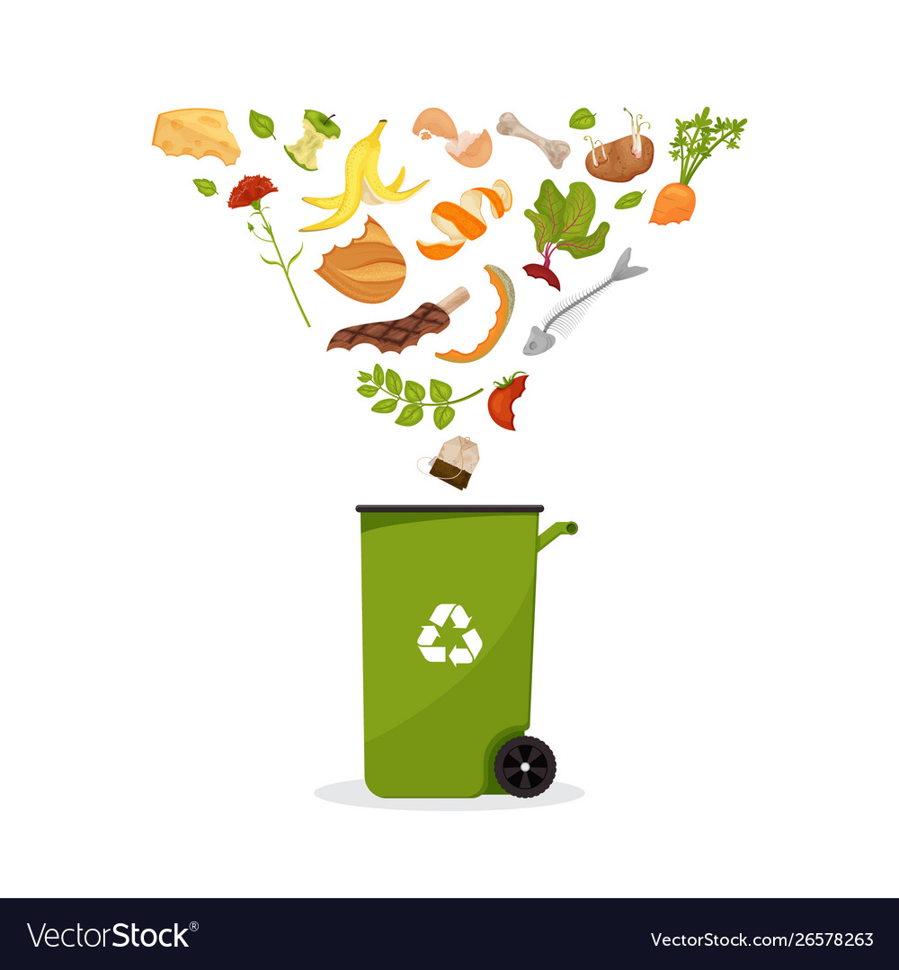 Dumpster with products flying into it cartoon Vector Image