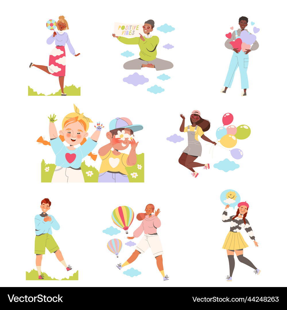 Happy people characters sharing positive vibes Vector Image