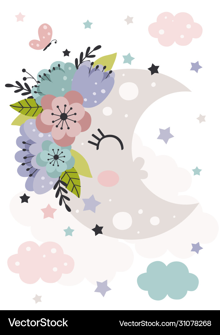 Poster with beautiful moon and flowers Royalty Free Vector