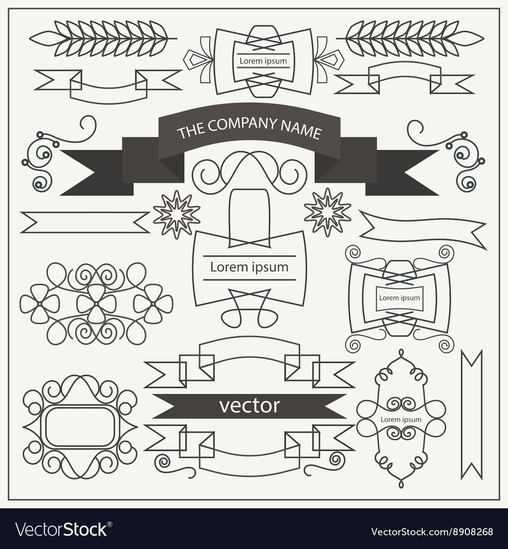 Set retro pattern elements ribbons curls frames Vector Image