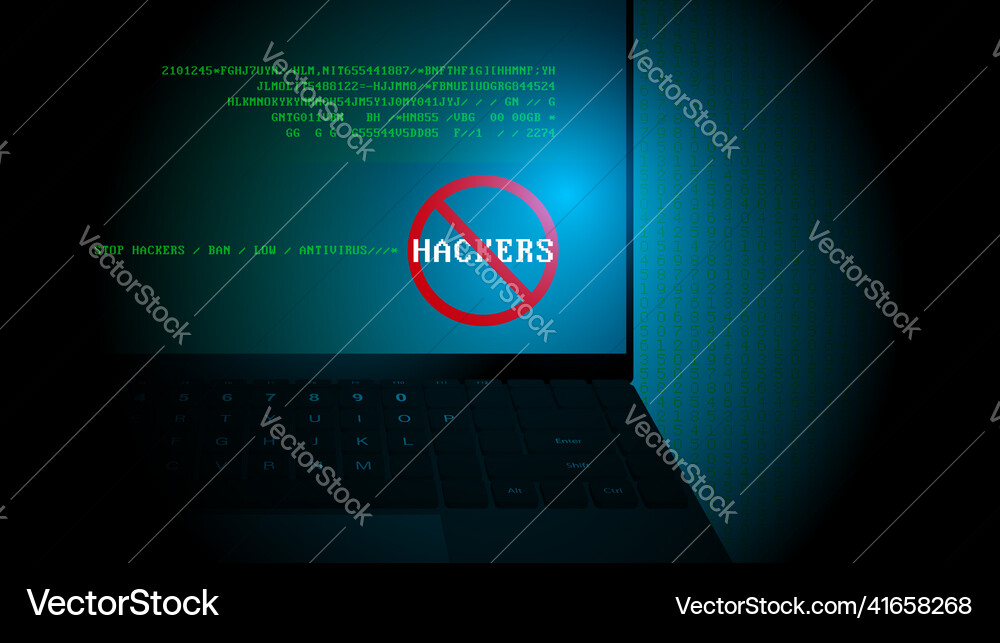 Stop hackers 3d black laptop with inscriptions Vector Image
