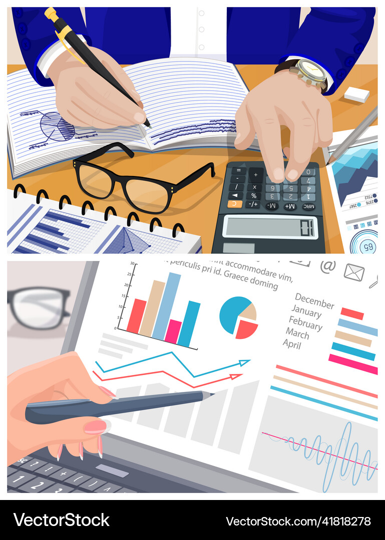 Accountant works with calculator and graphics Vector Image