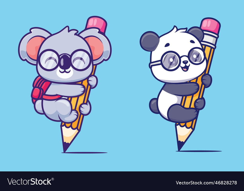 Cute koala hanging on pencil with bag cartoon vect