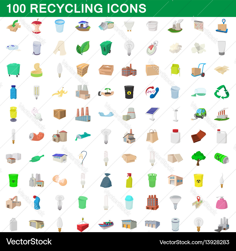 100 recycling set cartoon style Royalty Free Vector Image