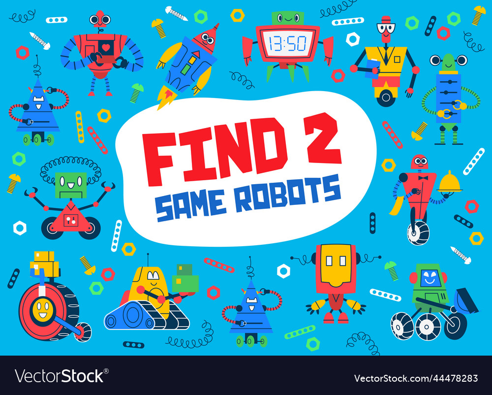 Find two same cartoon robots kids quiz game Vector Image