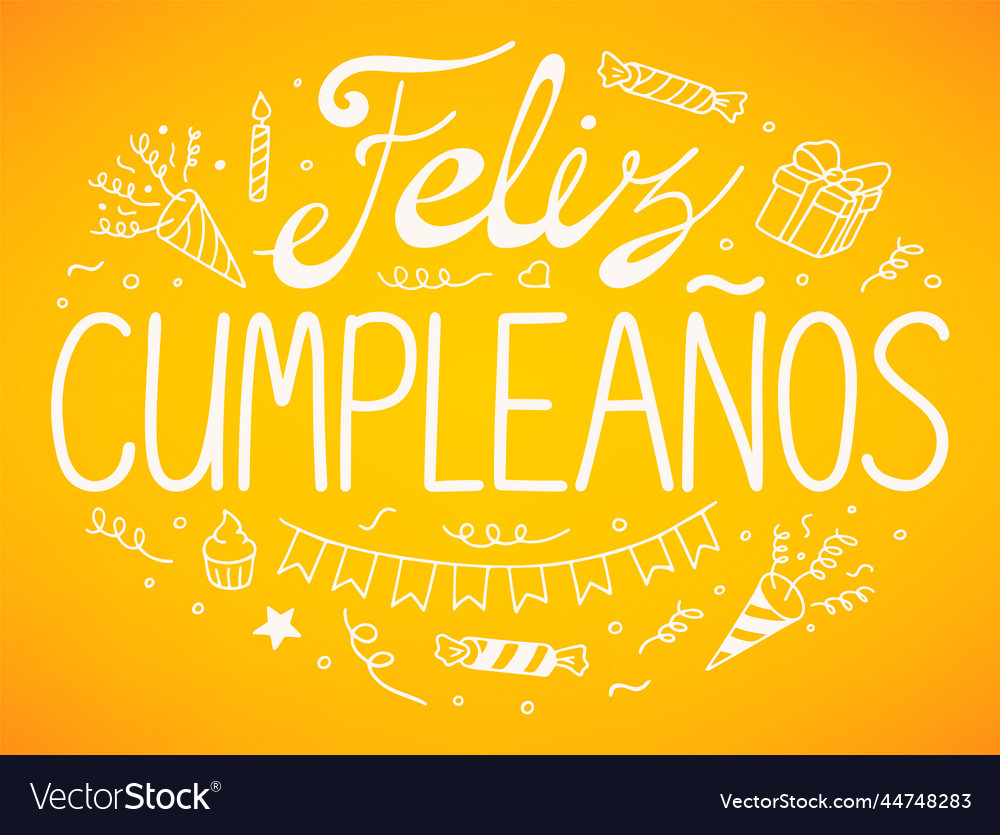 Happy birthday lettering on spanish with doodles Vector Image