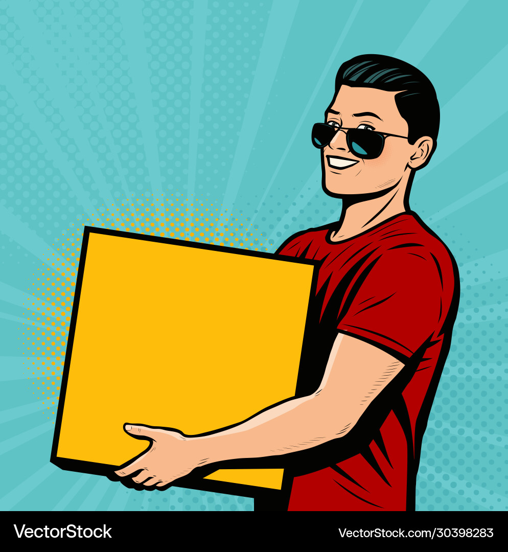 Man with box in his hands retro comic pop art Vector Image