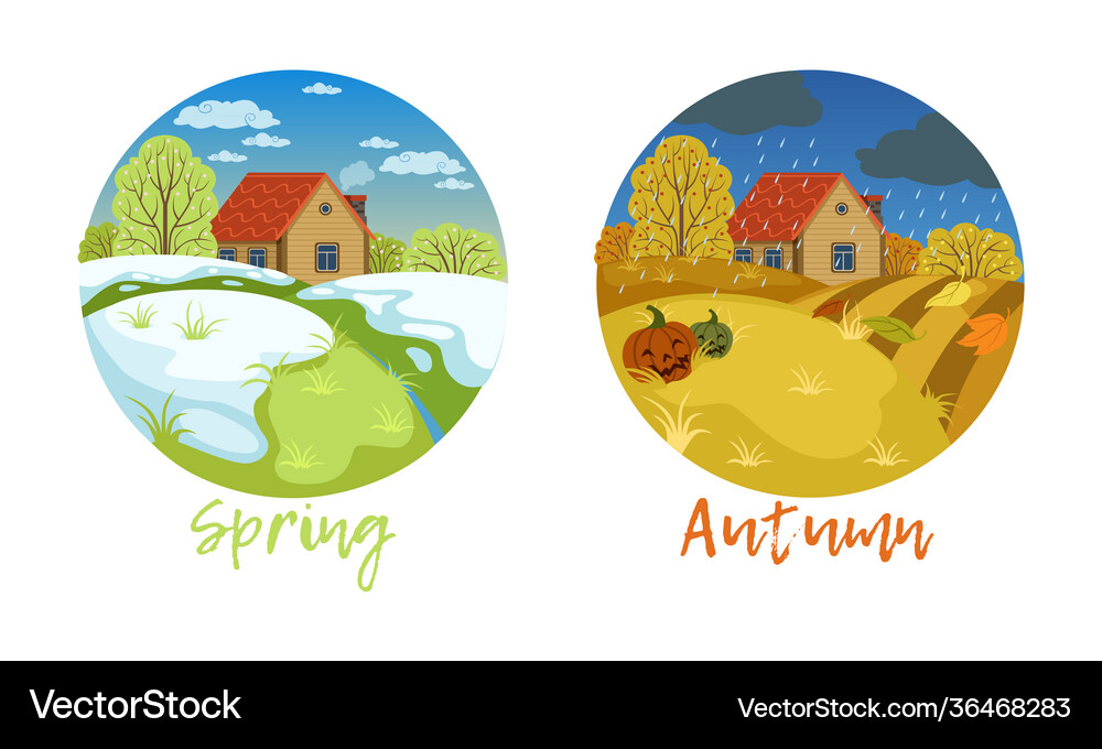 Set autumn and spring landscape seasons Royalty Free Vector