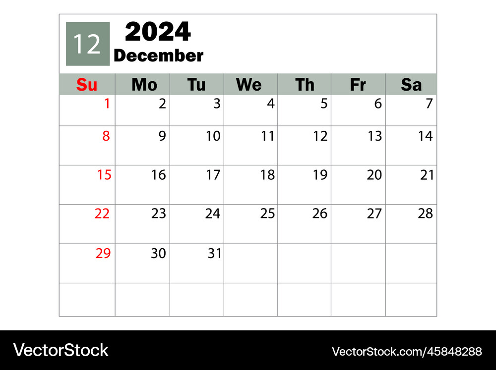 December 2024 calendar diary daily Royalty Free Vector Image
