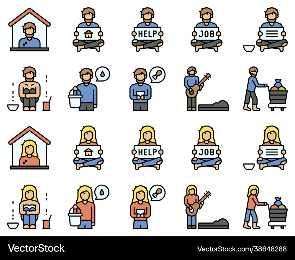 Homeless icon set 1 filled style Royalty Free Vector Image