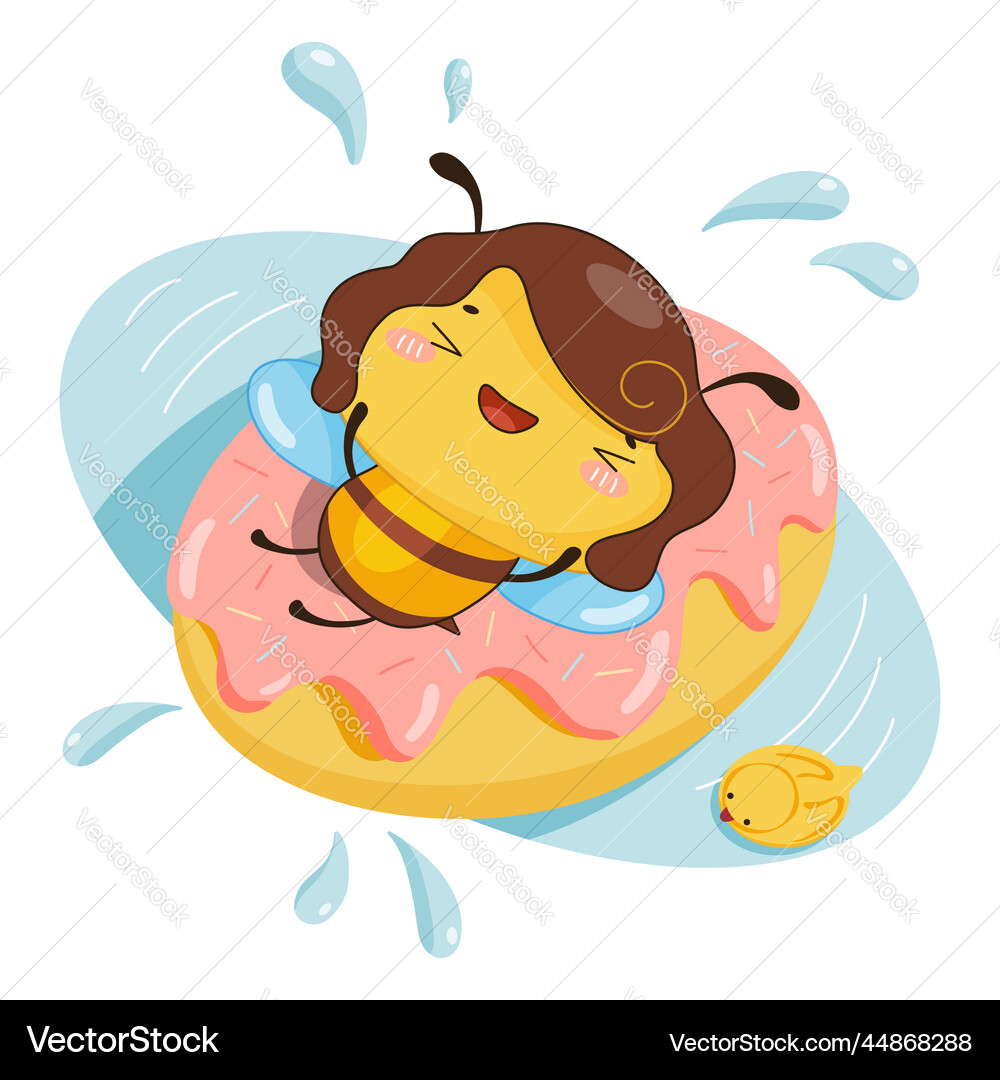 Kawaii bee swimming on donut Royalty Free Vector Image