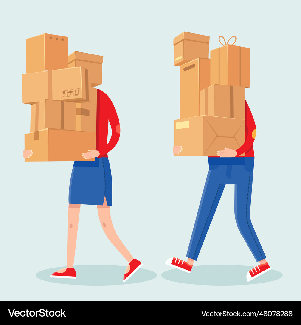 People carrying boxes stack cartoon man and woman Vector Image