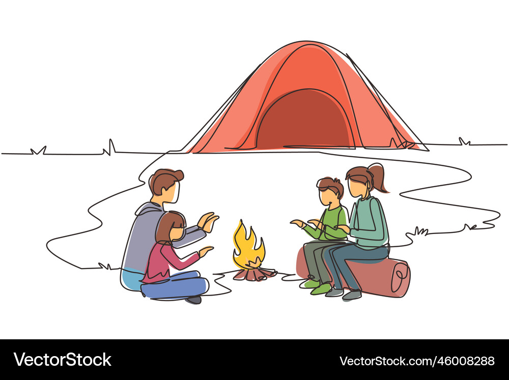 Single one line drawing happy camping or hiking Vector Image
