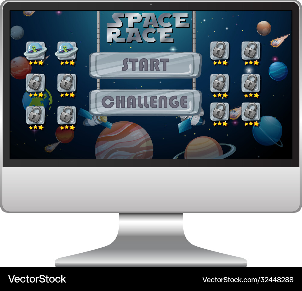 Space race mission game on computer screen Vector Image