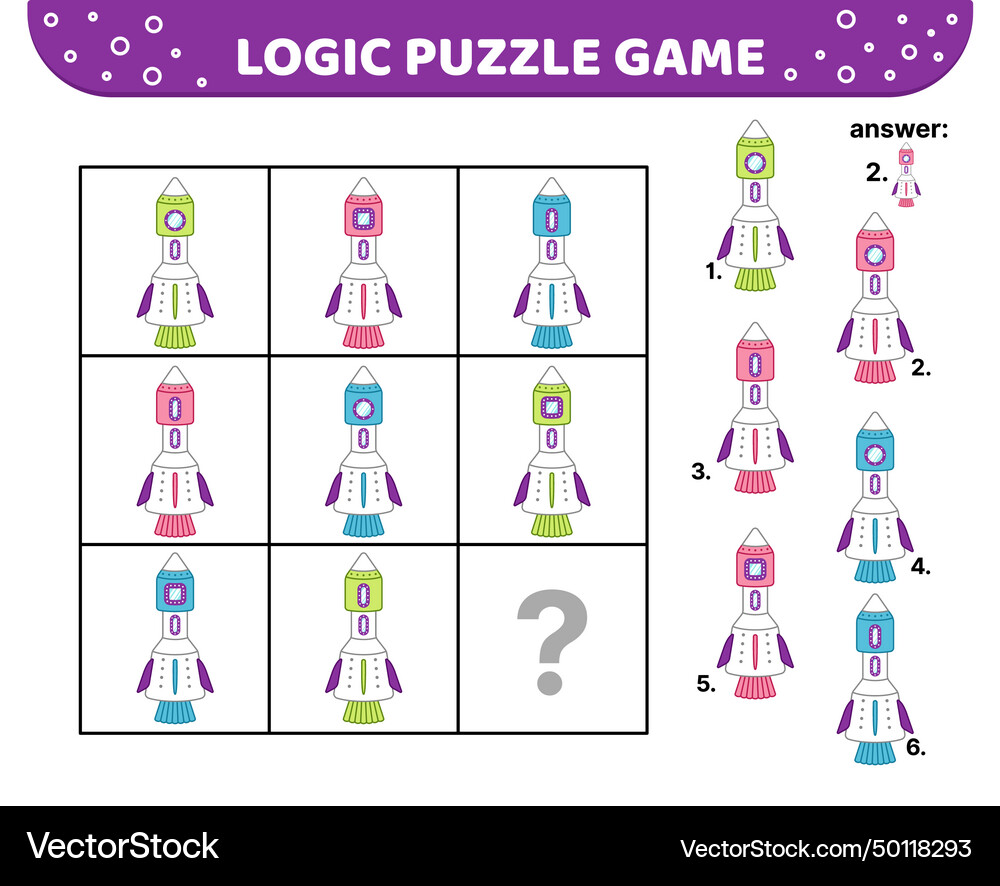 Logic puzzle game space rocket for kids cartoon Vector Image