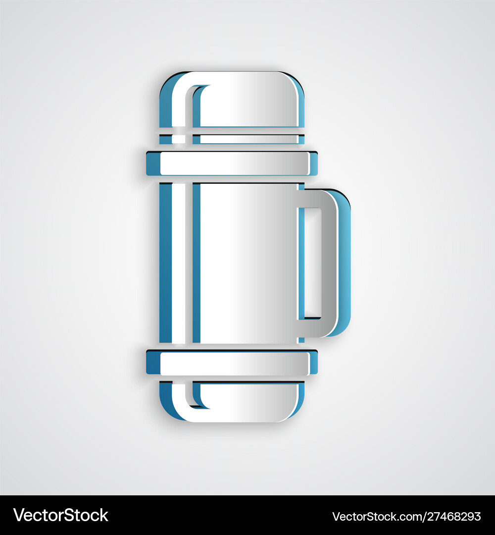 Paper cut thermos container icon isolated on grey Vector Image