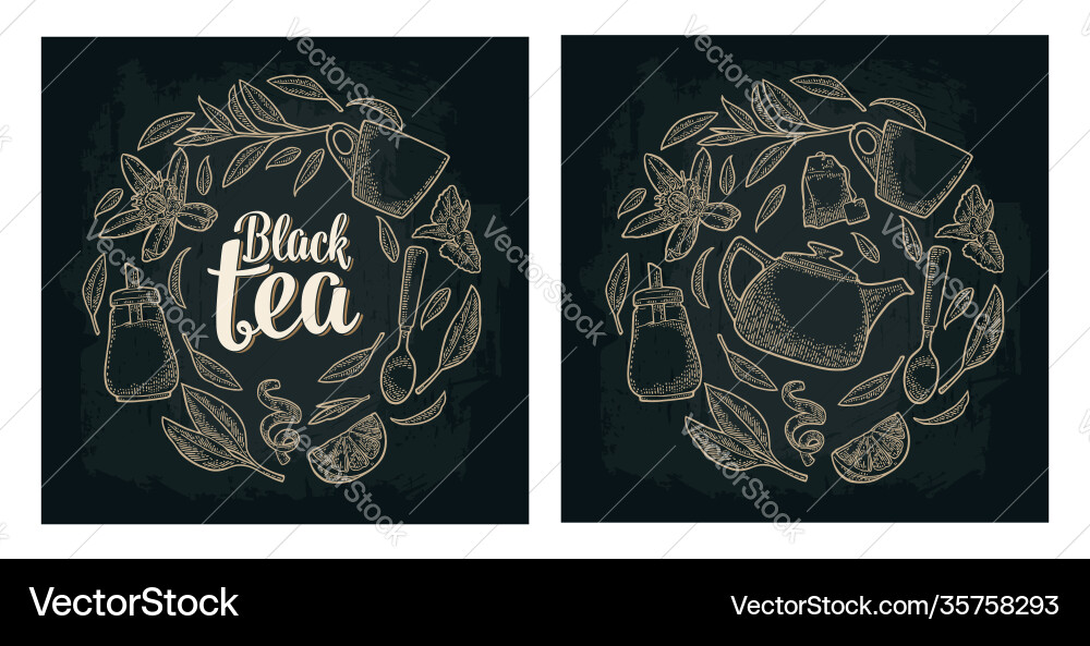 Set with lettering black tea vintage Royalty Free Vector
