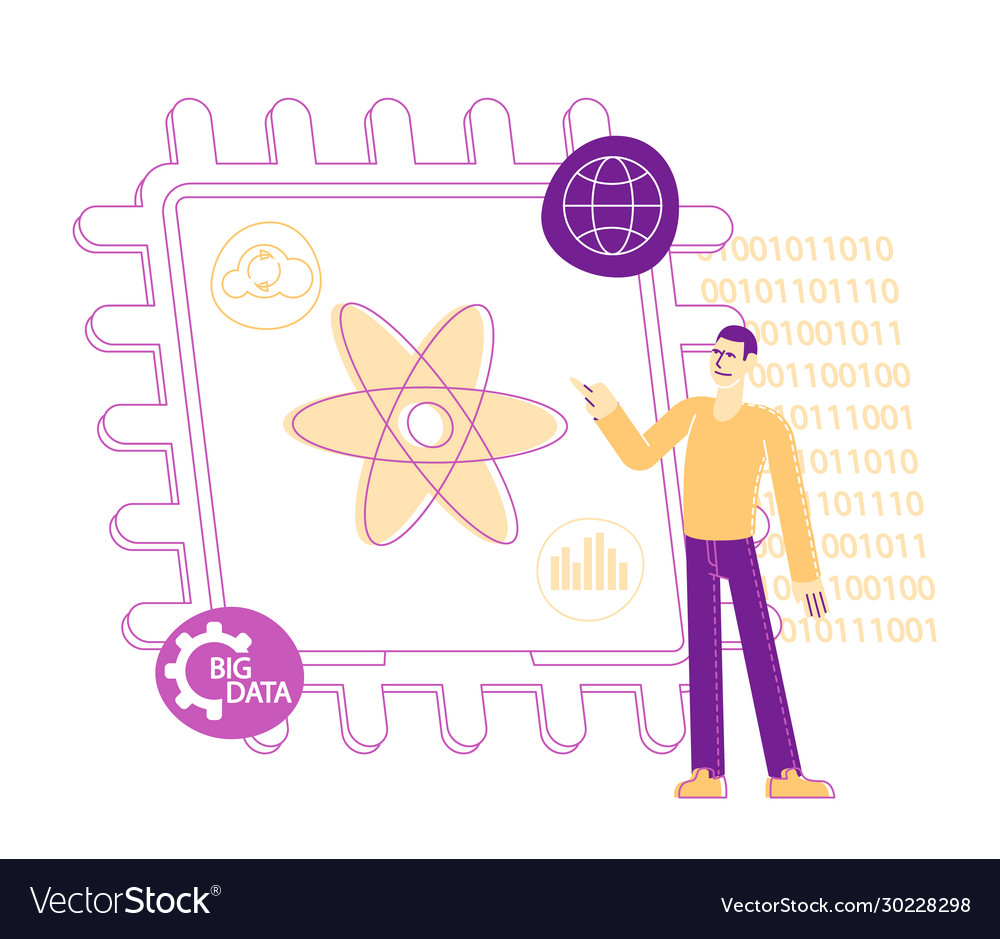 Computer engineer male character pointing on atom Vector Image