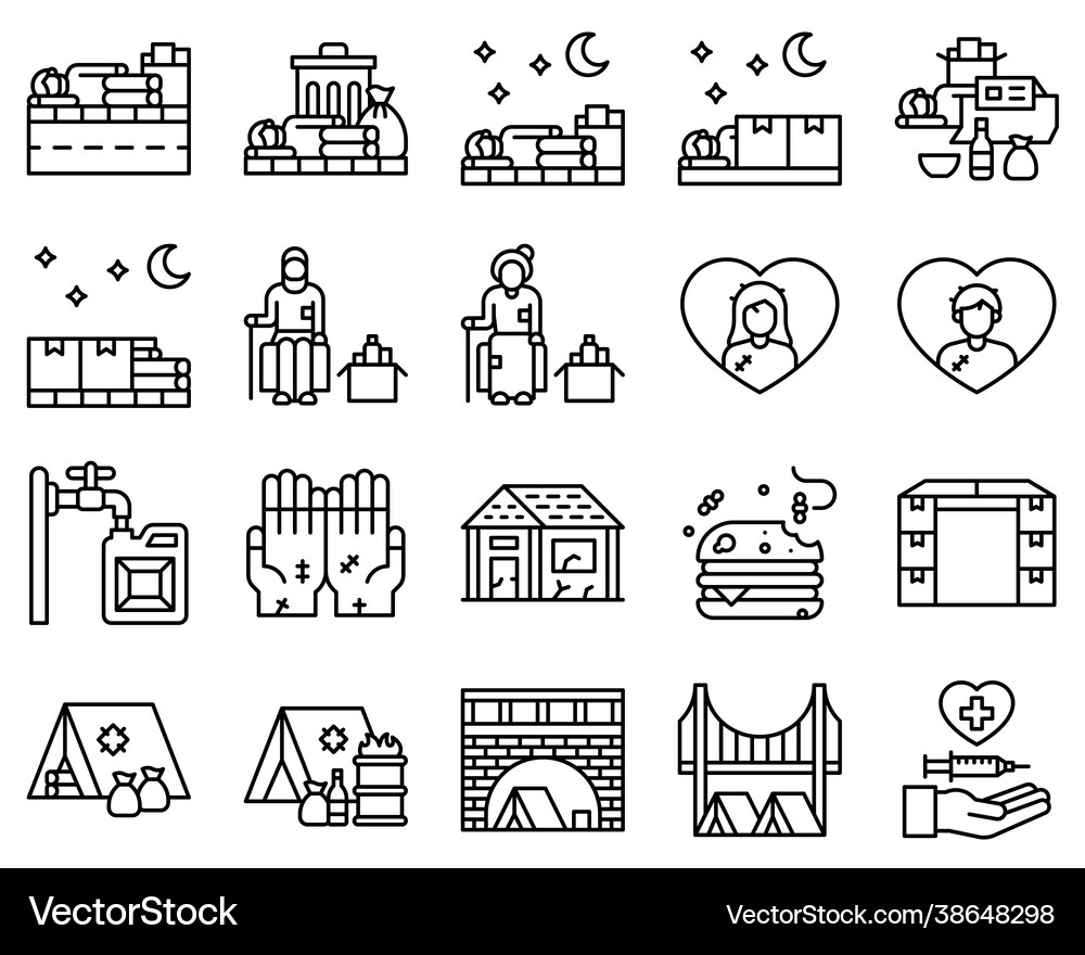 Homeless icon set 3 line style Royalty Free Vector Image