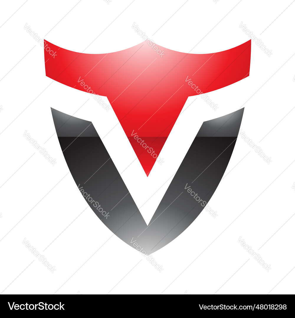 Red and black glossy shield shaped letter v icon Vector Image