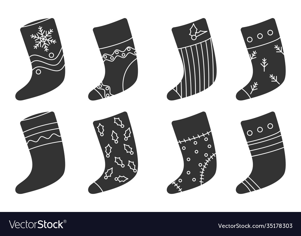 Glyph christmas sock santa stocking set Royalty Free Vector