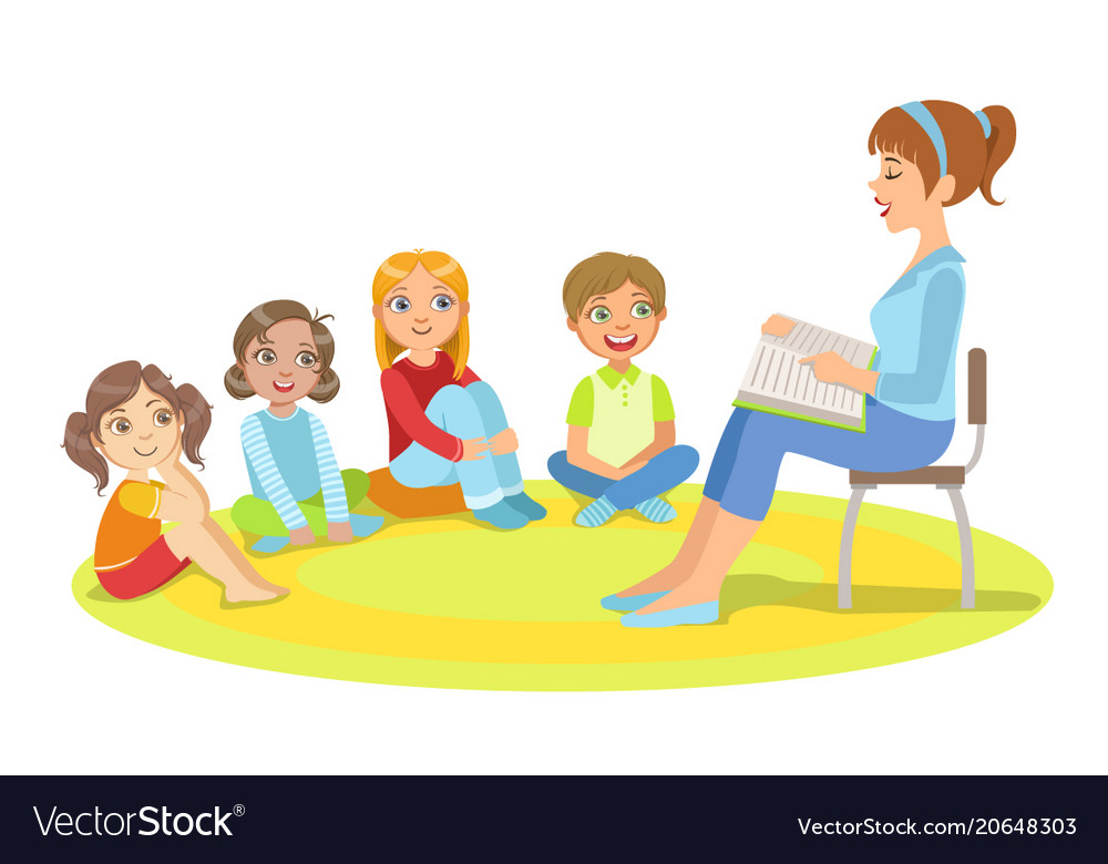Group of small kids sitting around the teacher Vector Image