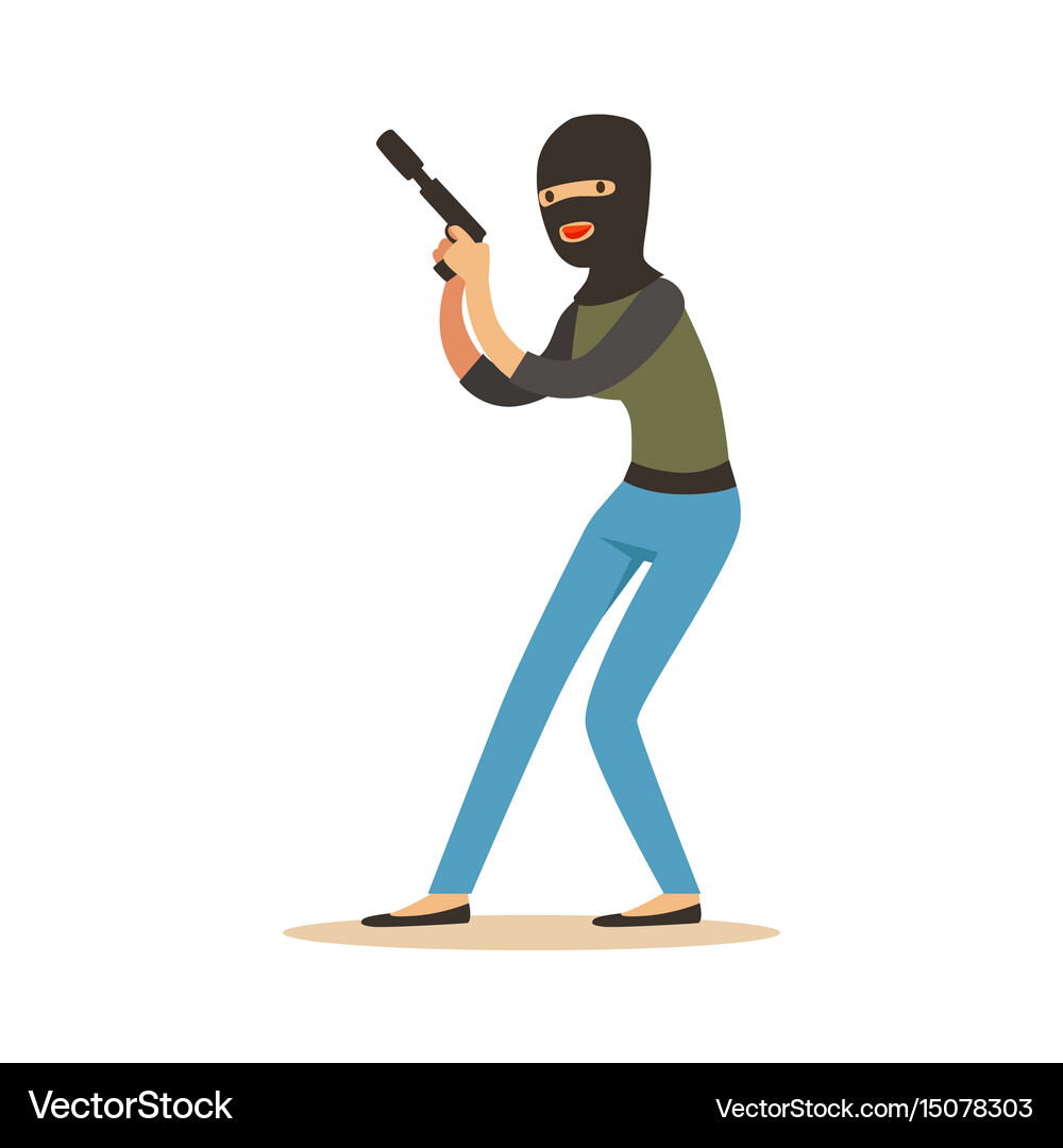 Thief in a black balaclava holding gun robbery Vector Image