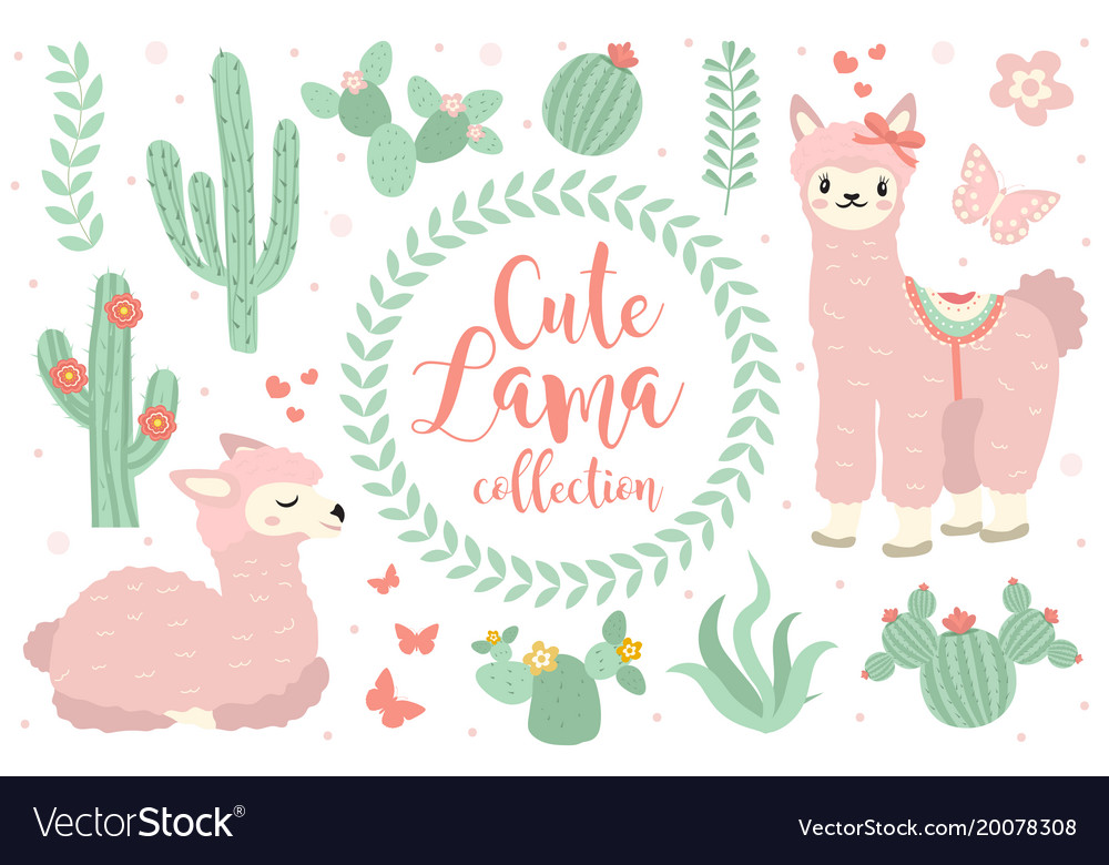 Cute lama set objects collection design elements Vector Image