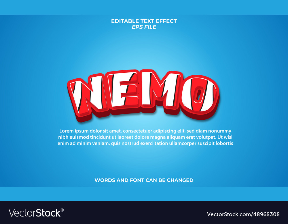 Nemo text effect font editable typography 3d Vector Image