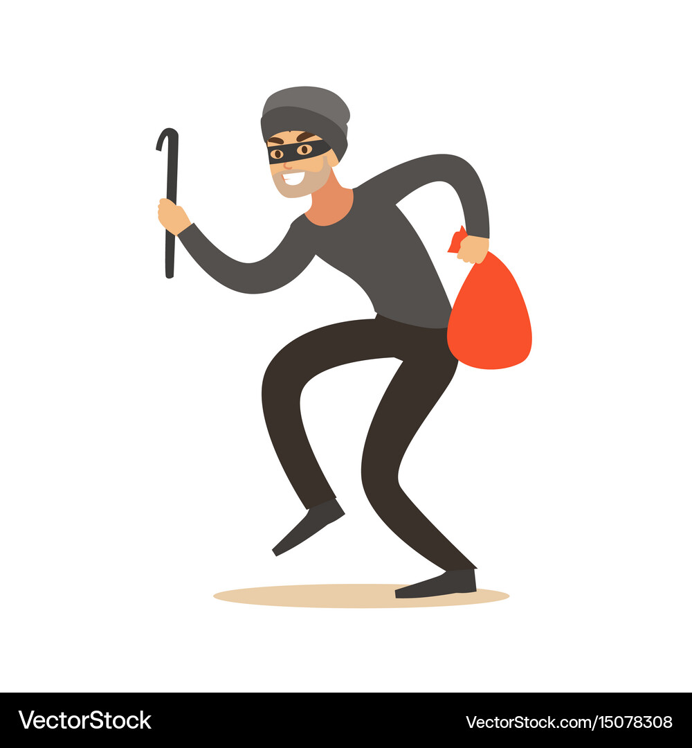 Thief in a mask sneaking with crowbar and sack Vector Image