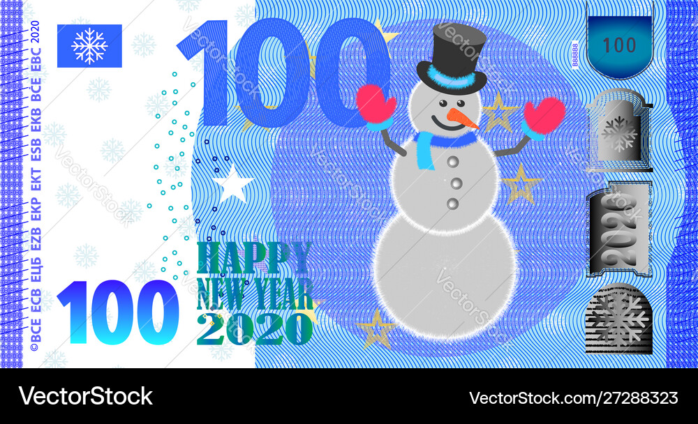 Fictional banknote with a fluffy snowman 2020 Vector Image
