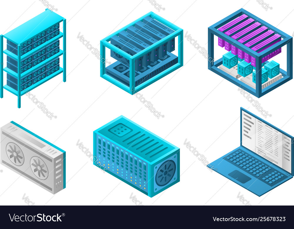 Mining farm bitcoin icons set isometric style Vector Image