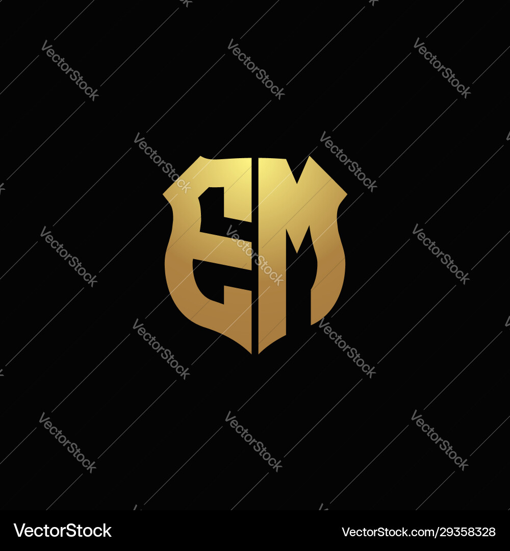 Em logo monogram with gold colors and shield Vector Image
