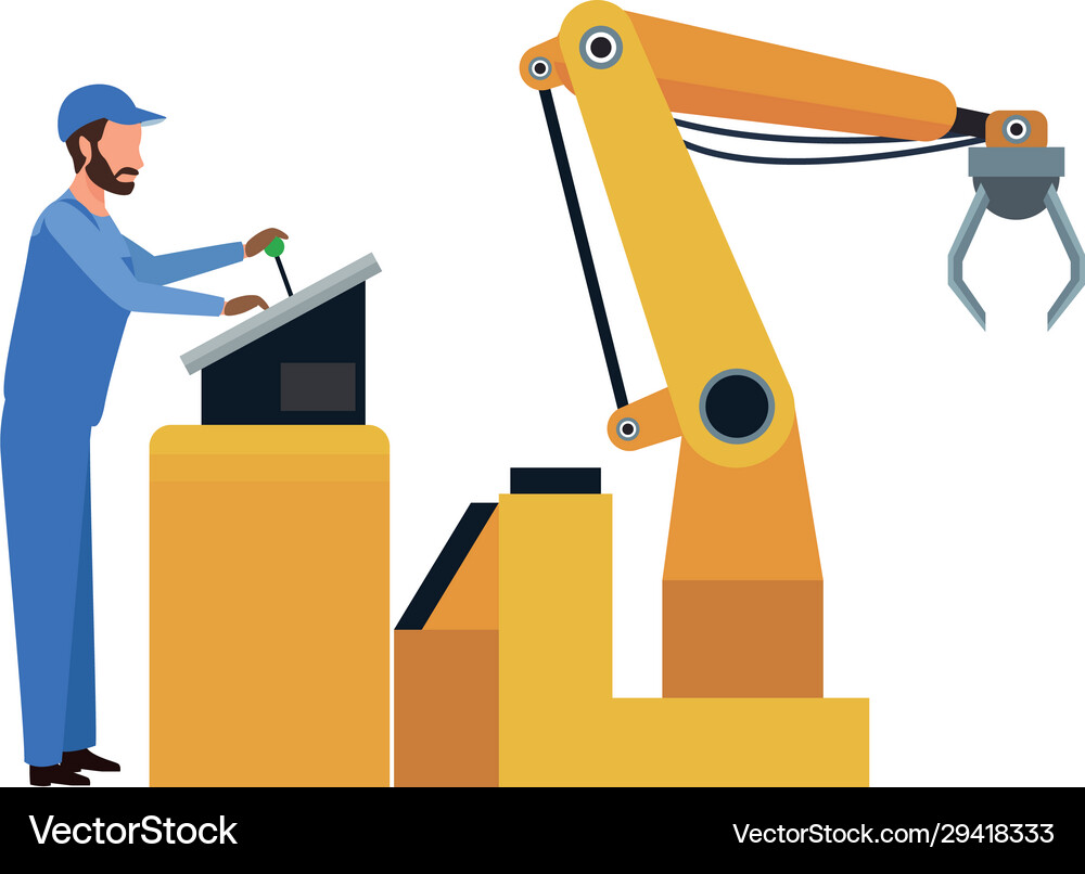 Car mechanic driving a robotic arm Royalty Free Vector Image