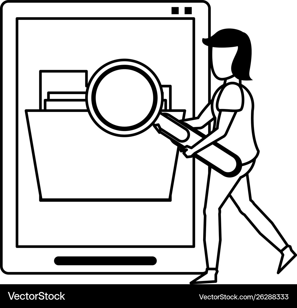 Magnifying glass checking system cartoon in black Vector Image