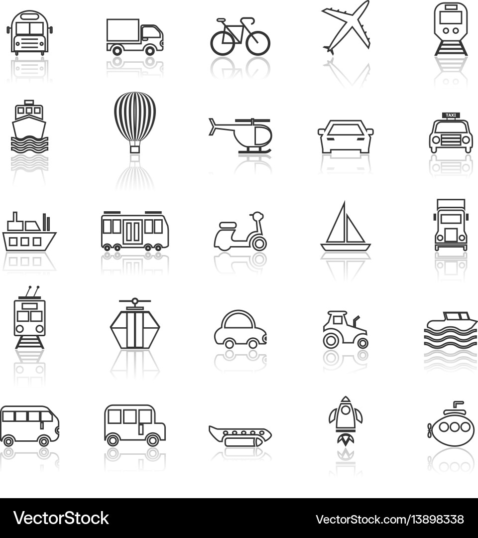 Transportation line icons with reflect on white Vector Image